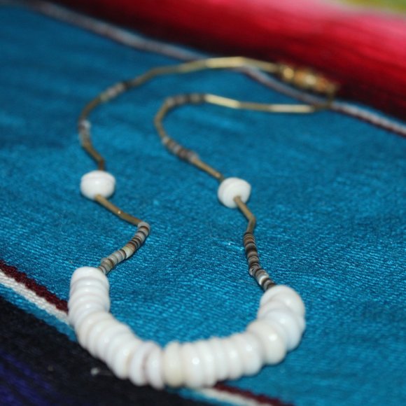 Jewelry | Vintage Handmade Pooka Shell Necklace With Gold Tone Beads ...